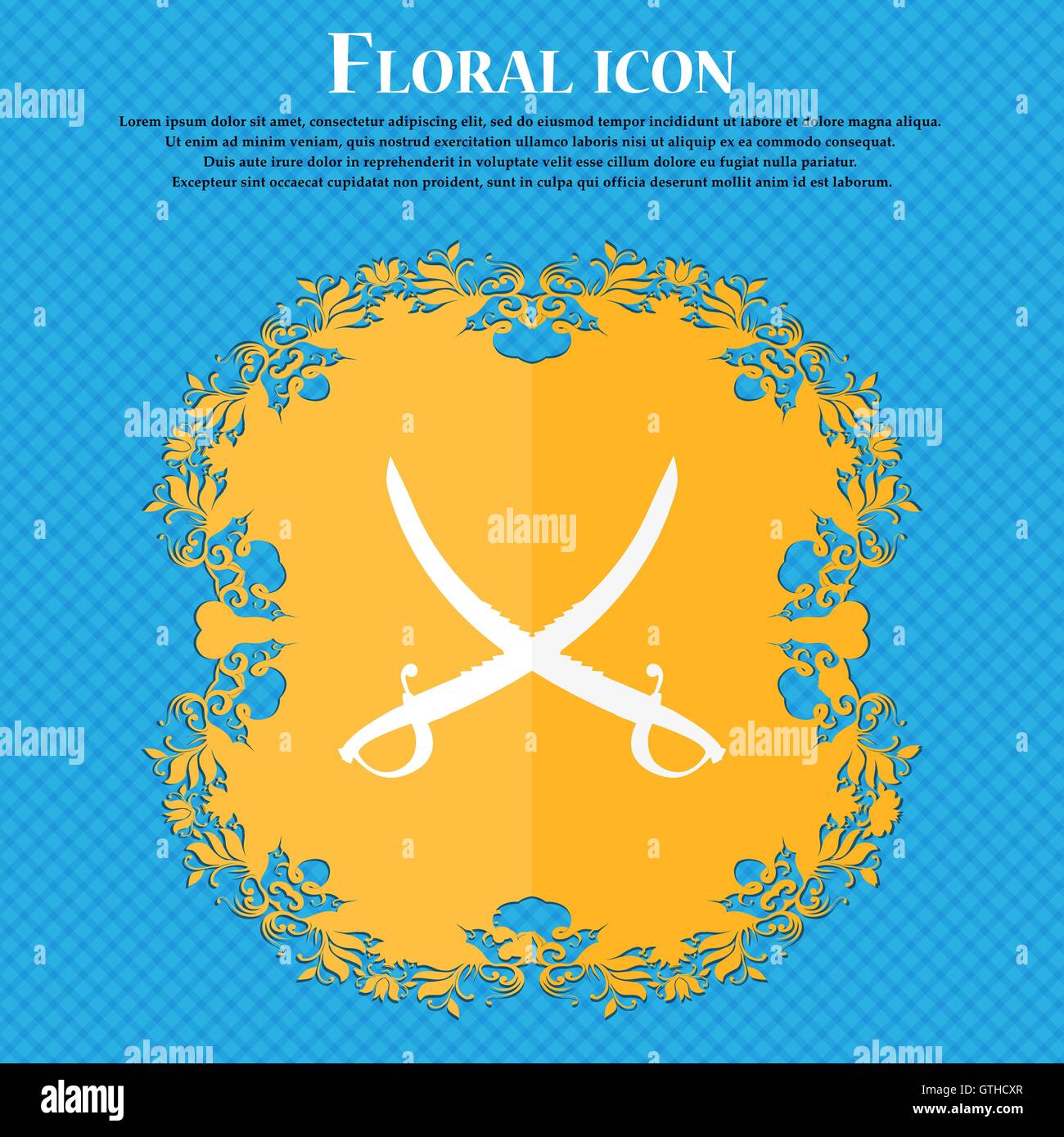 Crossed saber icon. Floral flat design on a blue abstract background ...
