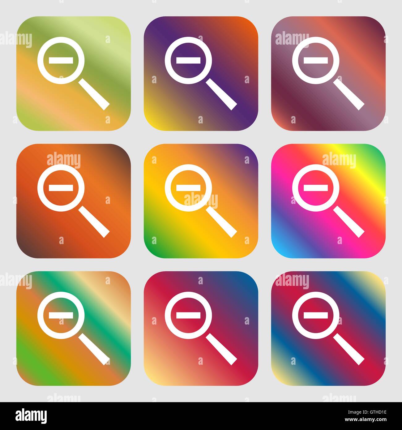 Magnifier glass, Zoom tool icon sign . Nine buttons with bright gradients for beautiful design ...