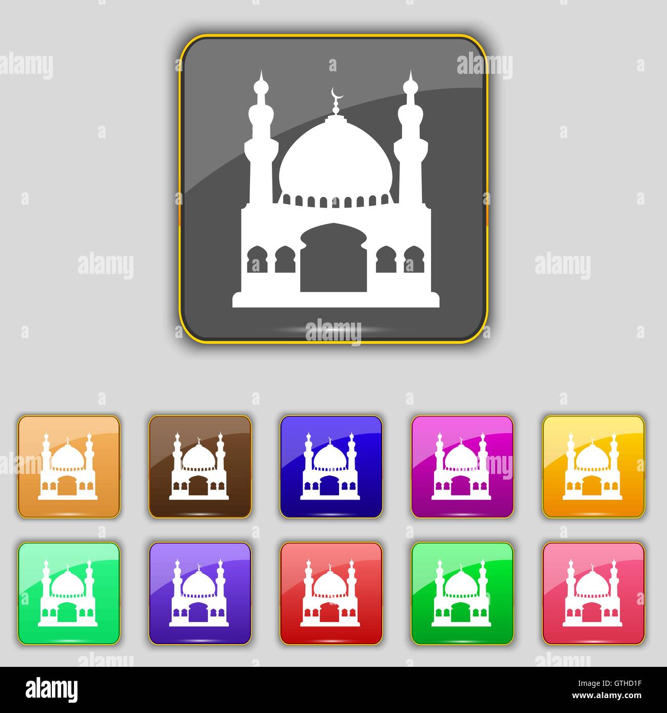 Turkish architecture, mosque icon sign. Set with eleven colored buttons ...