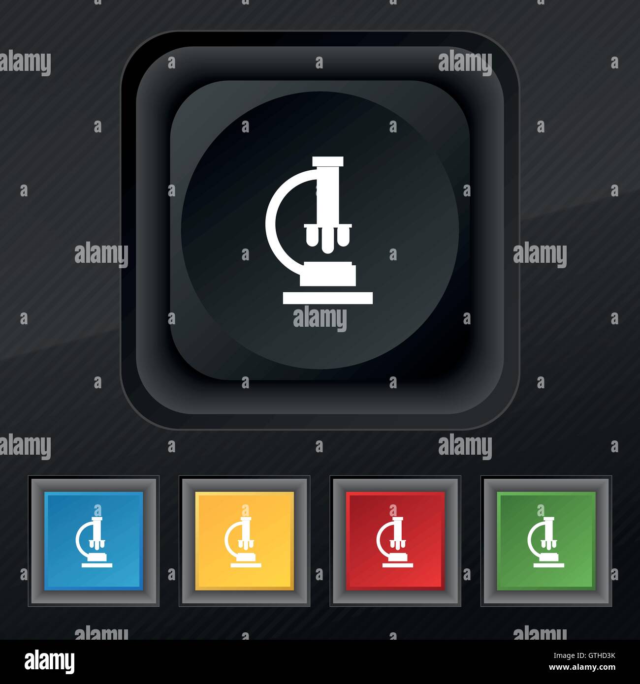 Microscope icon symbol. Set of five colorful, stylish buttons on black ...