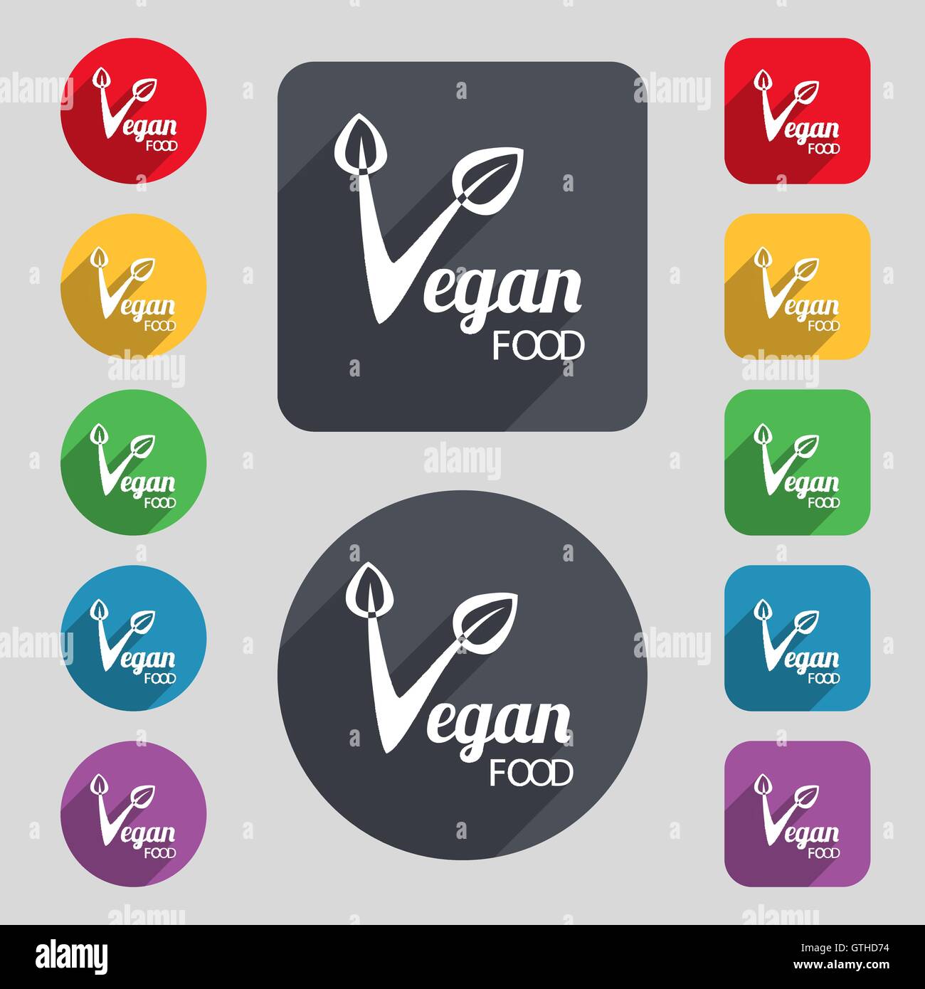 Vegan food graphic design icon sign. A set of 12 colored buttons and a ...