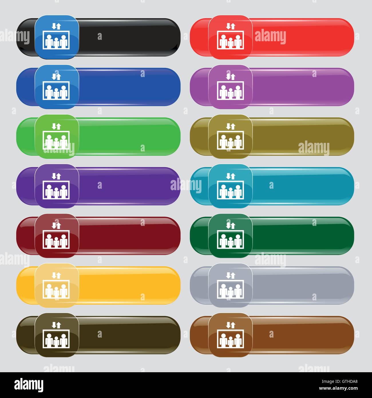 Elevator symbol sign. Set from fourteen multi-colored glass buttons ...