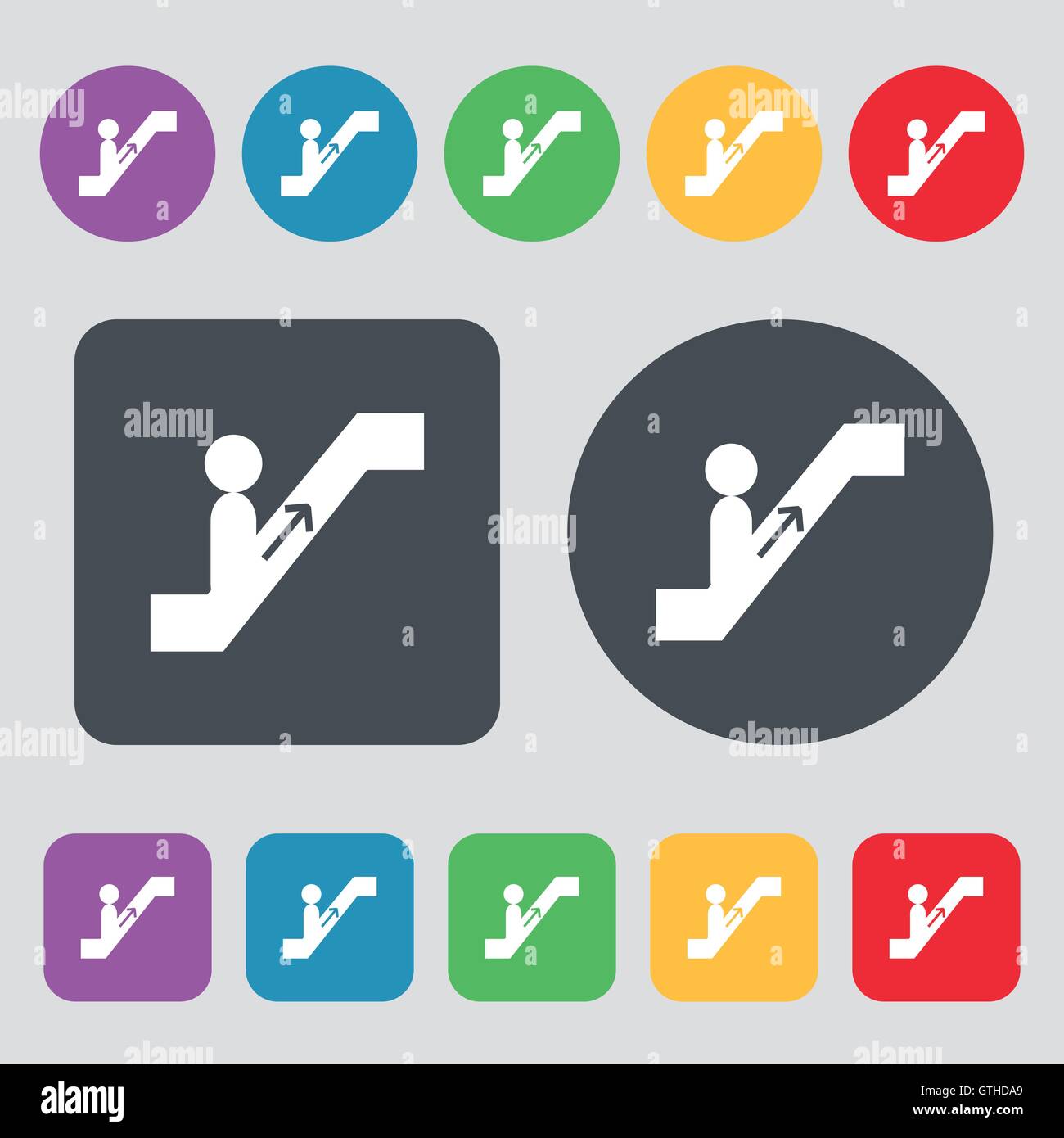 escalator icon sign. A set of 12 colored buttons. Flat design. Vector ...