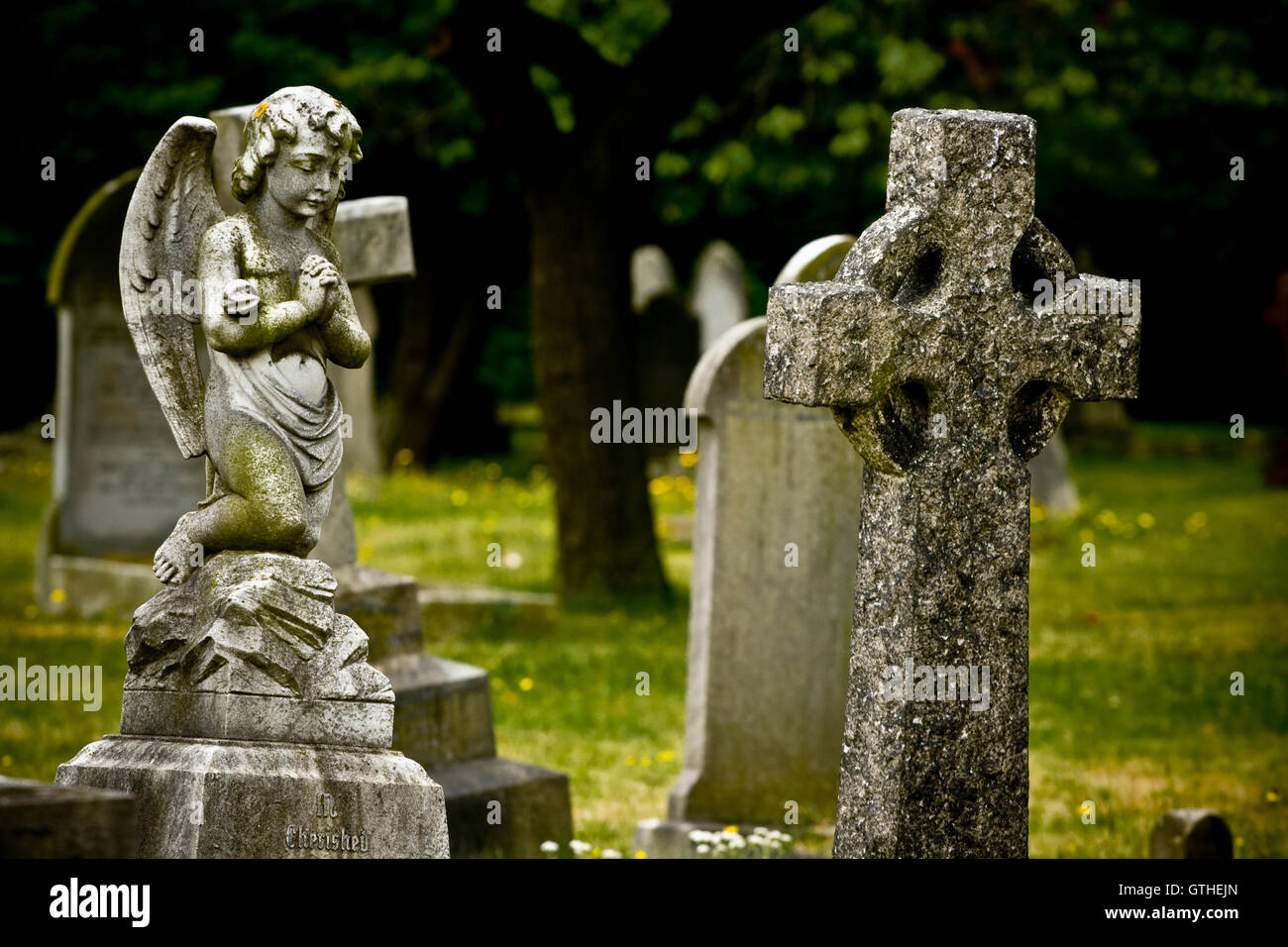 Old cemetery angel sculpture made of stone Stock Photo - Alamy