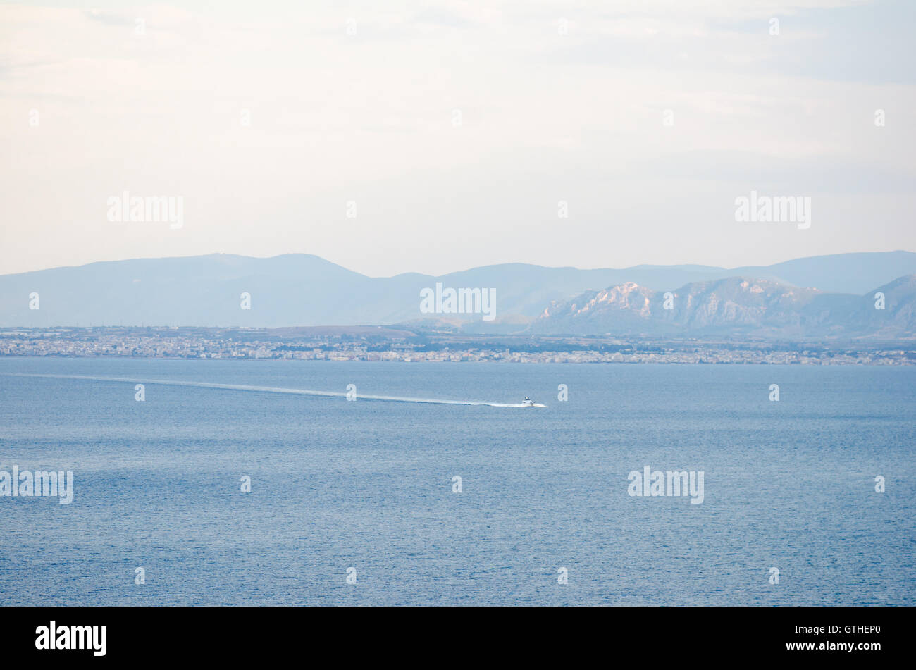 View of Ionian sea and Corinthian port and yacht tracks in water Stock ...