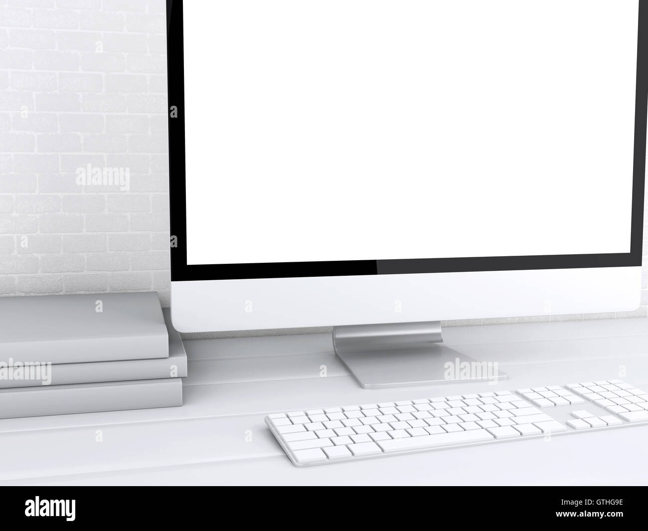 3D illustration. Modern workspace with blank screen computer. Mock up ...