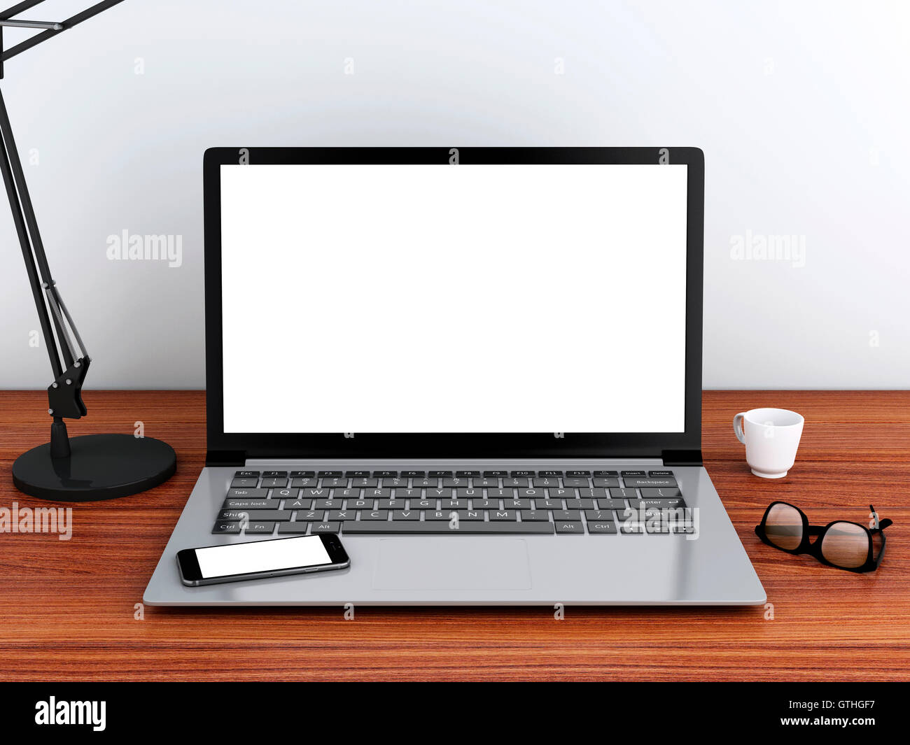 3D illustration. Modern workspace with blank screen laptop pc. Mock up ...