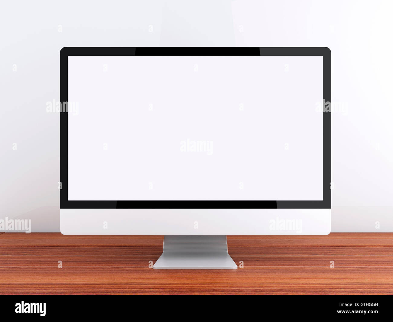 3D illustration. Modern workspace with blank screen computer. Mock up ...