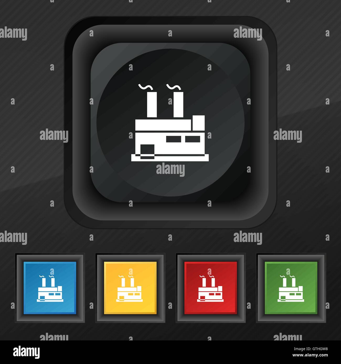 factory icon symbol. Set of five colorful, stylish buttons on black ...