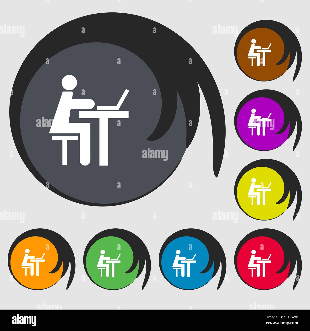 Businessman working on computer icon sign. Symbols on eight colored ...