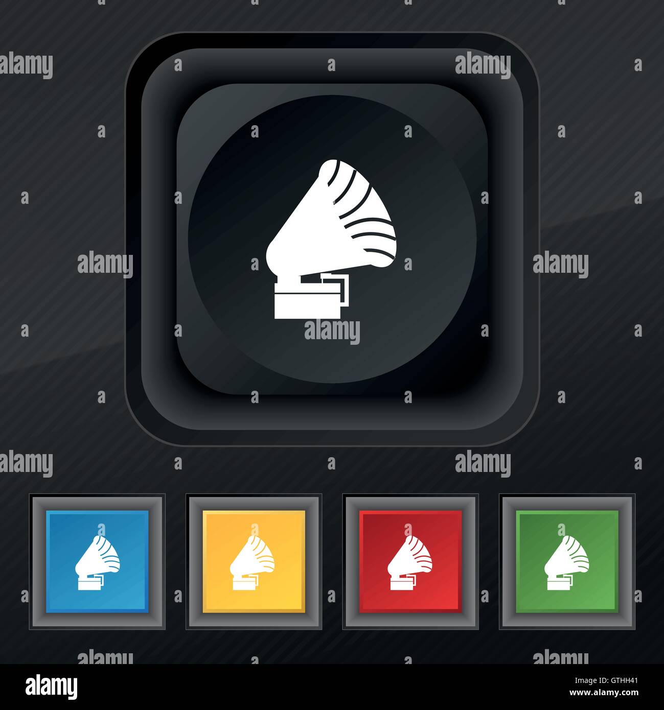 Gramophone icon. symbol. Set of five colorful, stylish buttons on black ...