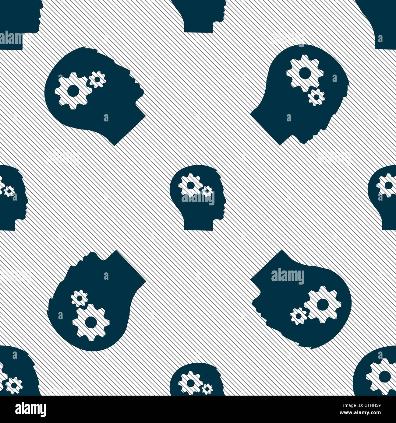 Pictograph of gear in head icon sign. Seamless pattern with geometric ...