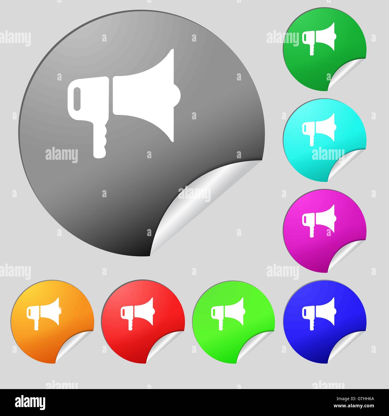 megaphone icon sign. Set of eight multi colored round buttons, stickers ...