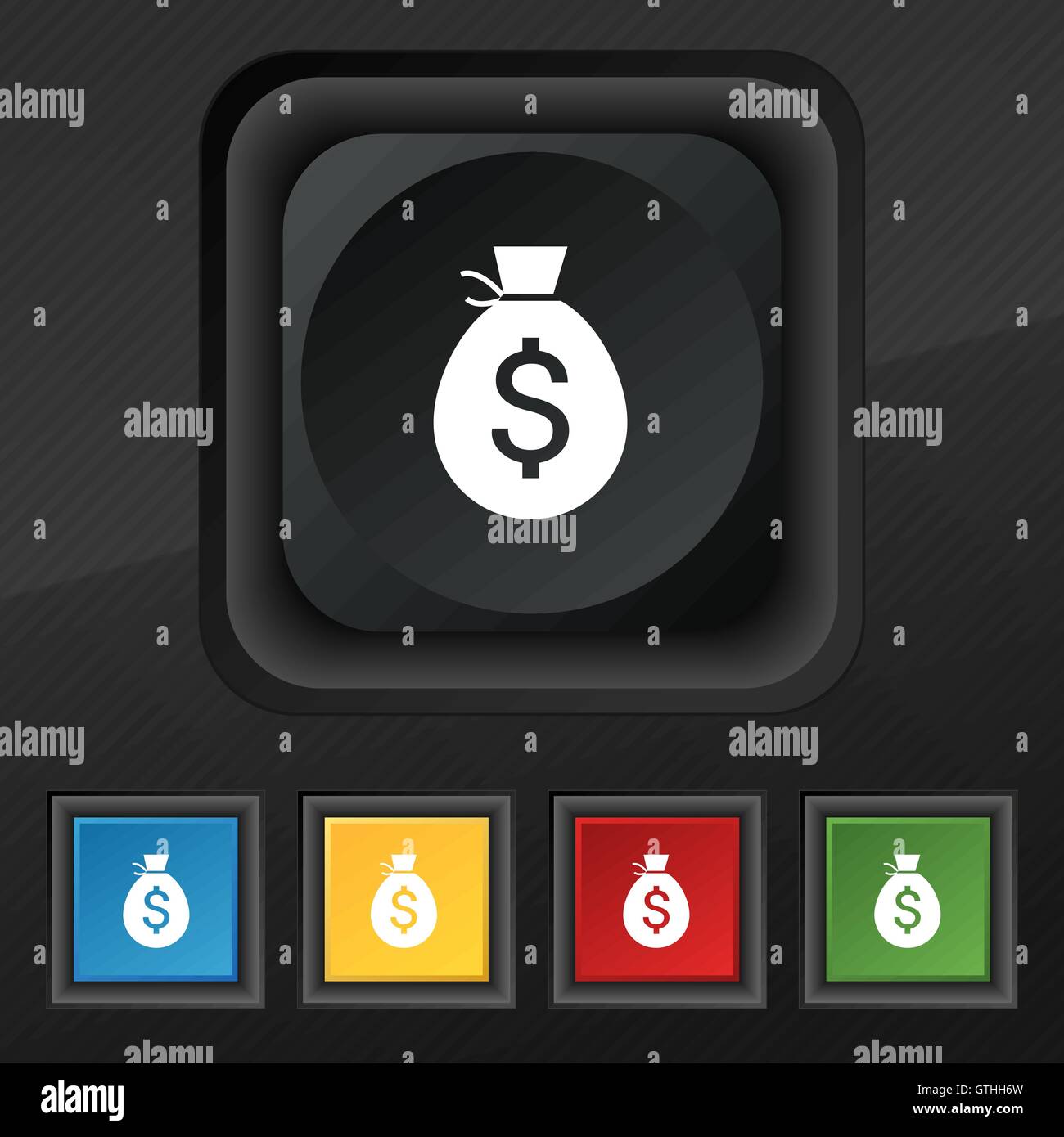 Money bag icon symbol. Set of five colorful, stylish buttons on black ...