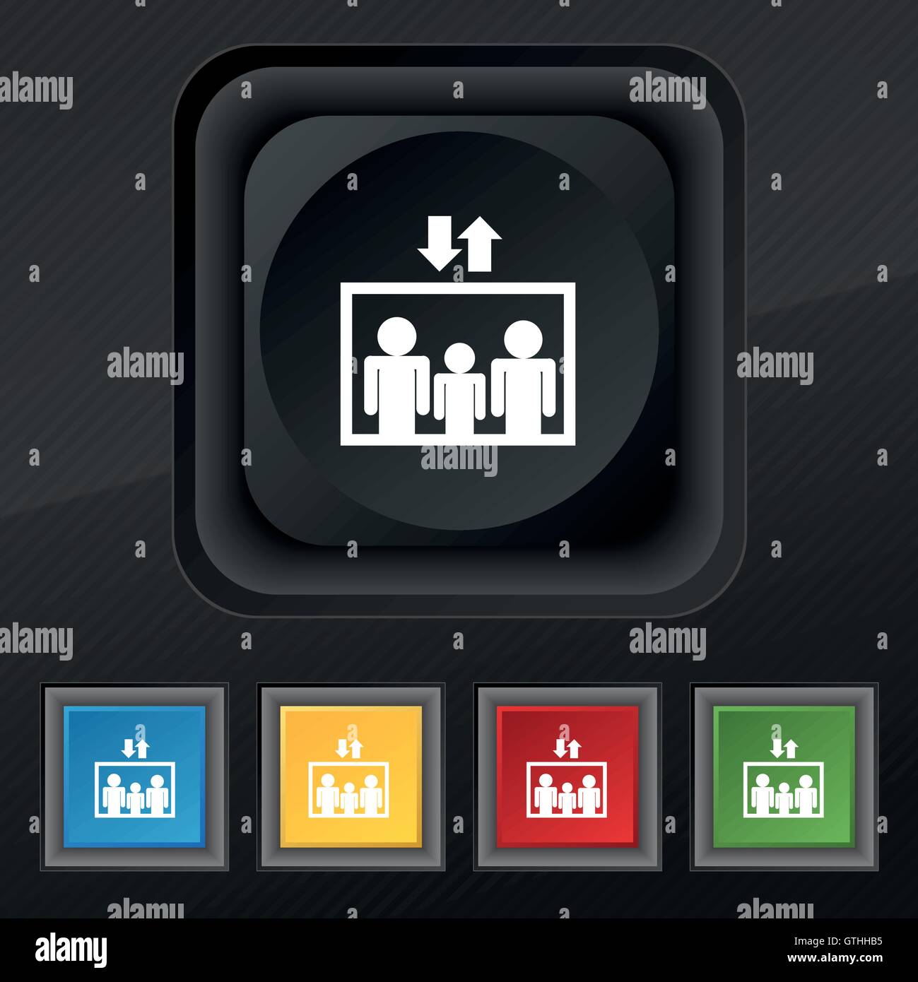 Elevator symbol symbol. Set of five colorful, stylish buttons on black ...