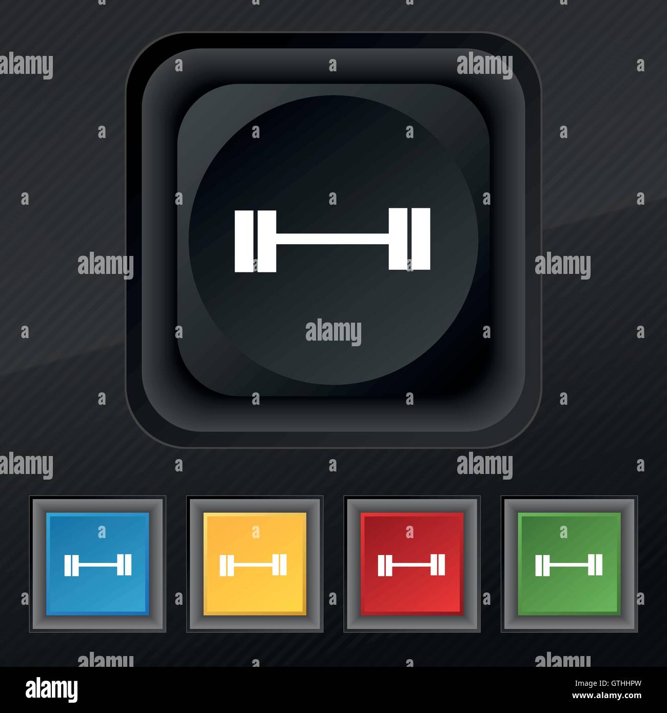 Dumbbell icon symbol. Set of five colorful, stylish buttons on black ...