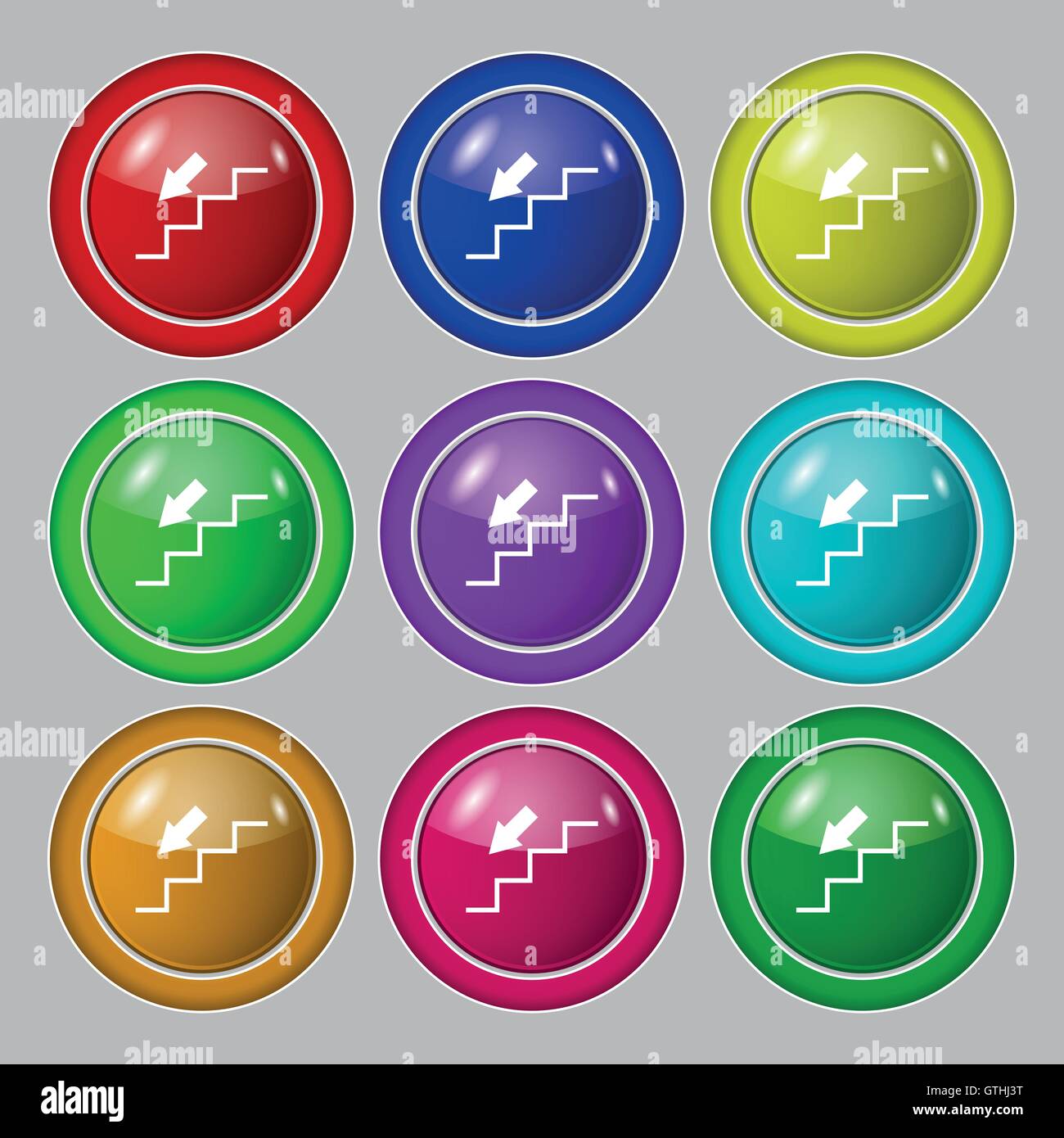 descent down icon sign. symbol on nine round colourful buttons. Vector ...