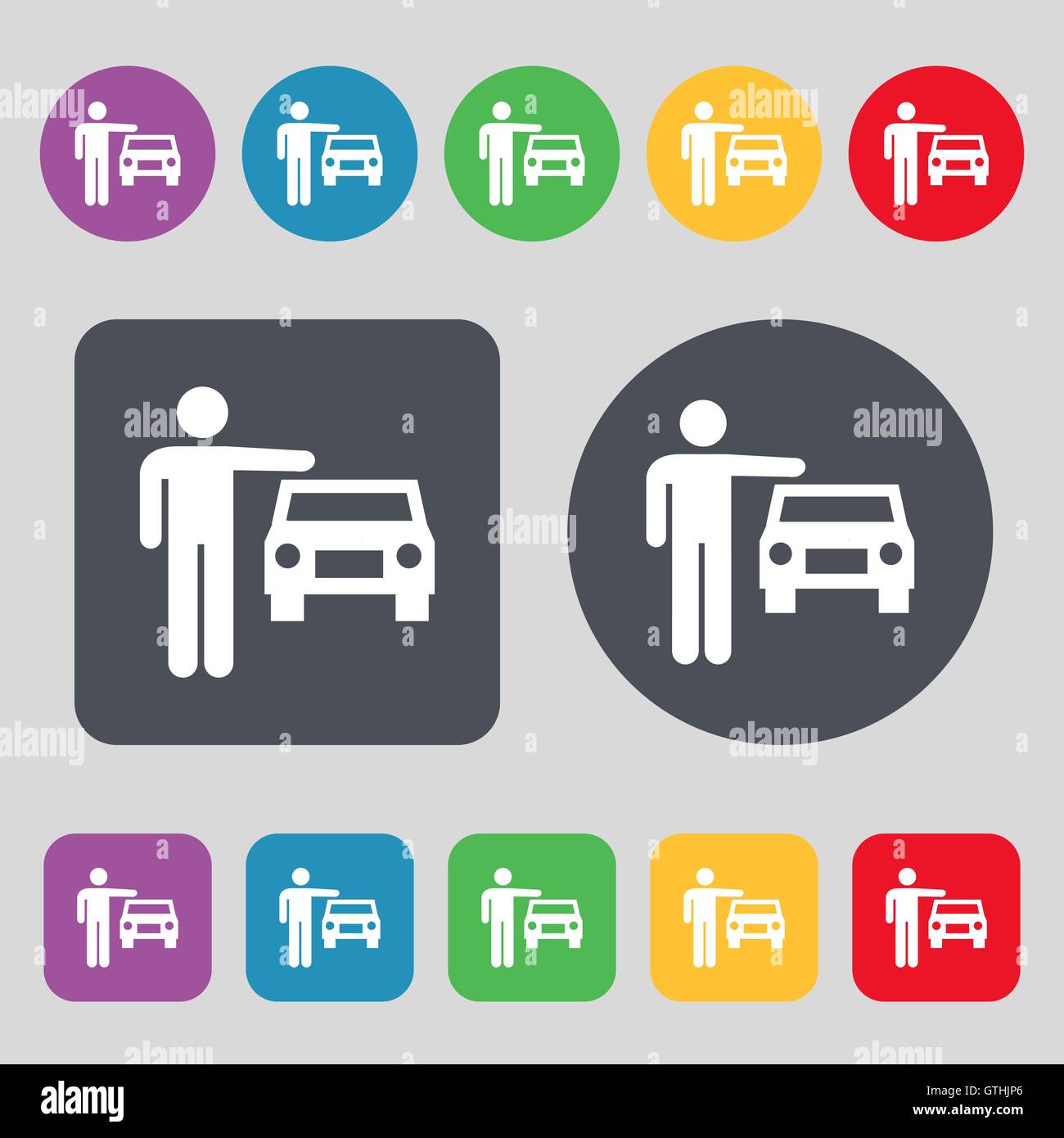 person up hailing a taxi icon sign. A set of 12 colored buttons. Flat ...