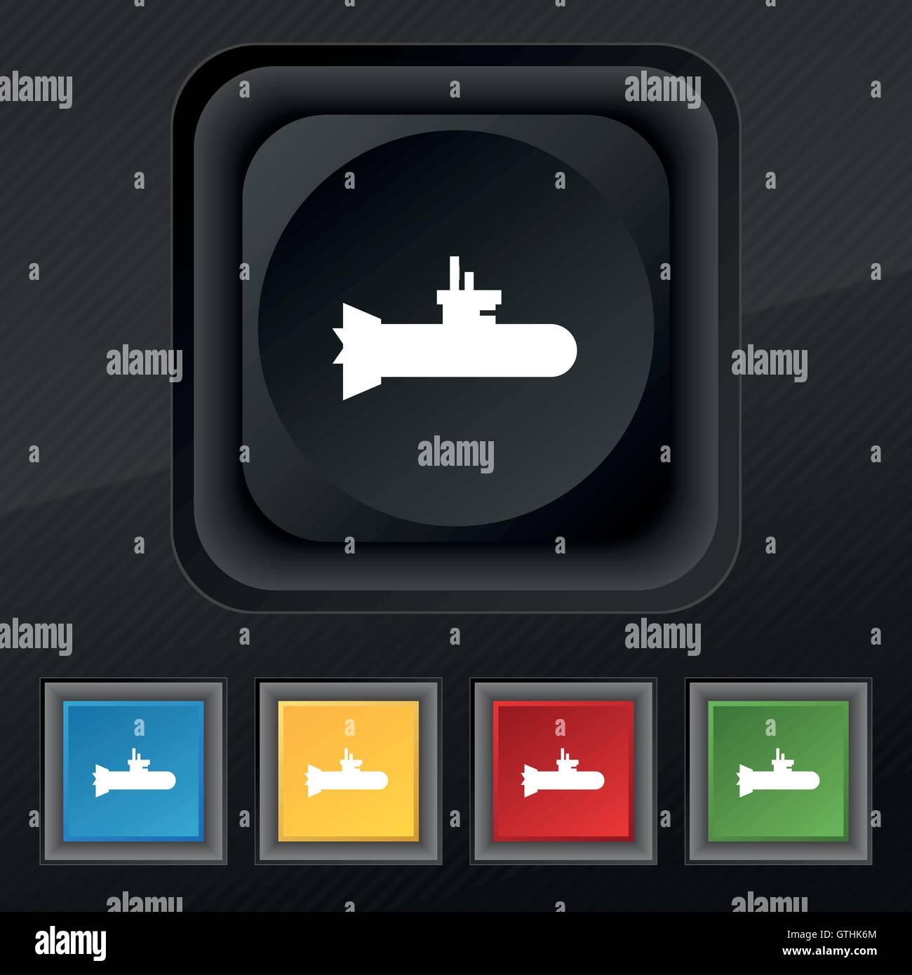 submarine icon symbol. Set of five colorful, stylish buttons on black ...