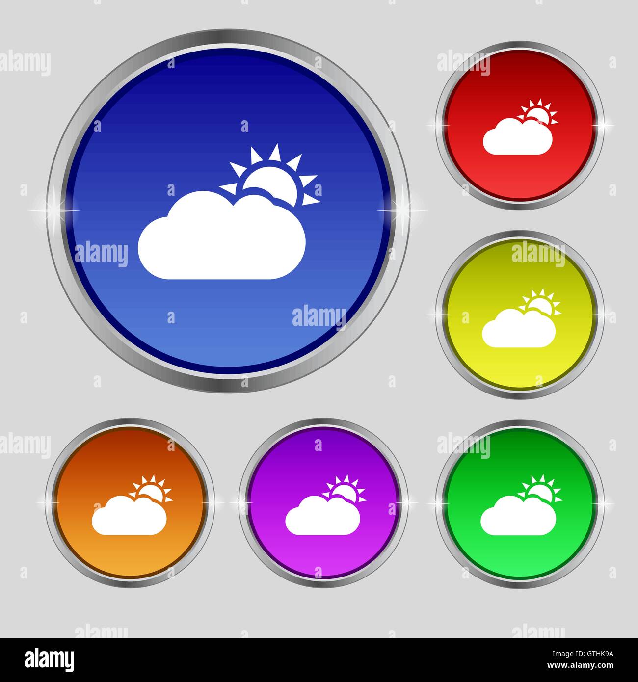 Partly Cloudy icon sign. Round symbol on bright colourful buttons ...
