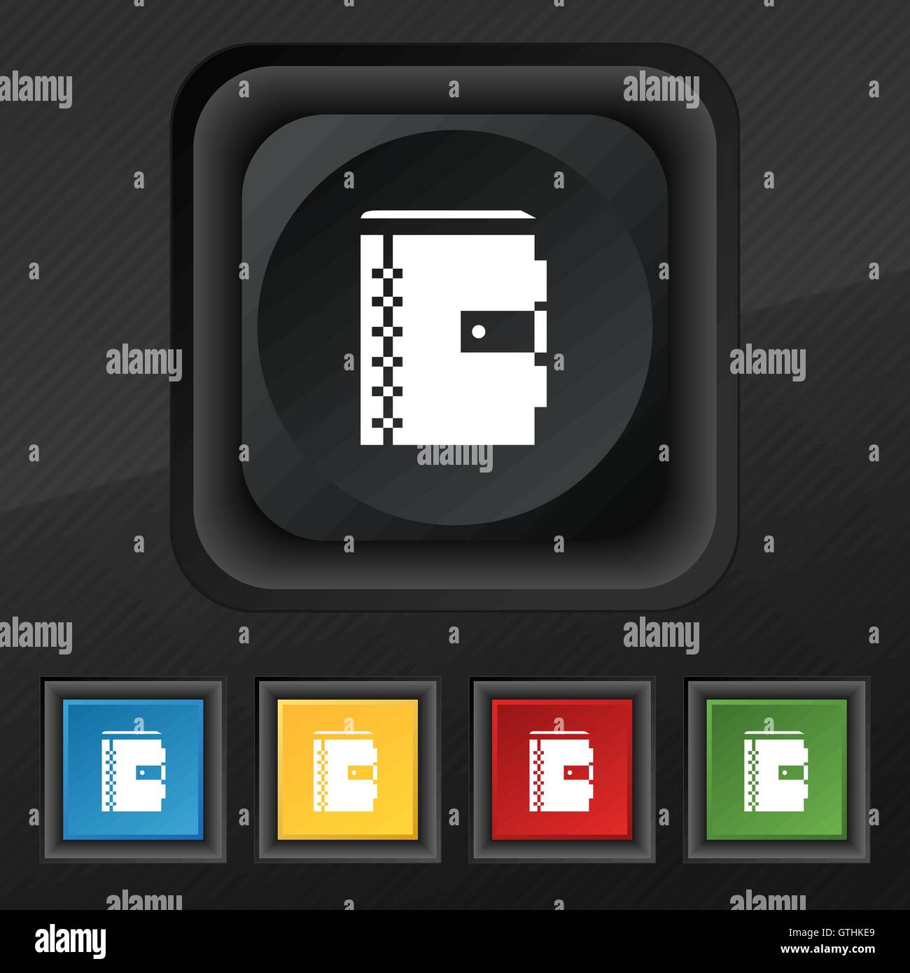 notebook icon symbol. Set of five colorful, stylish buttons on black ...