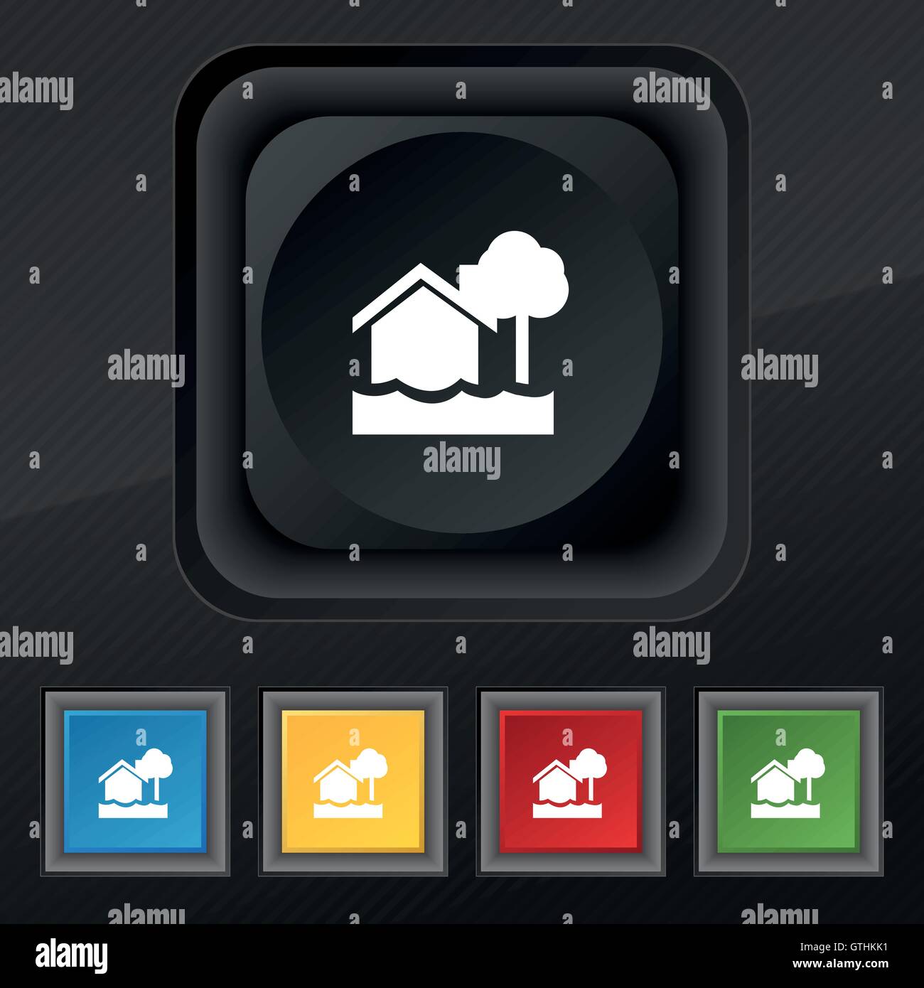 flooding home icon symbol. Set of five colorful, stylish buttons on ...
