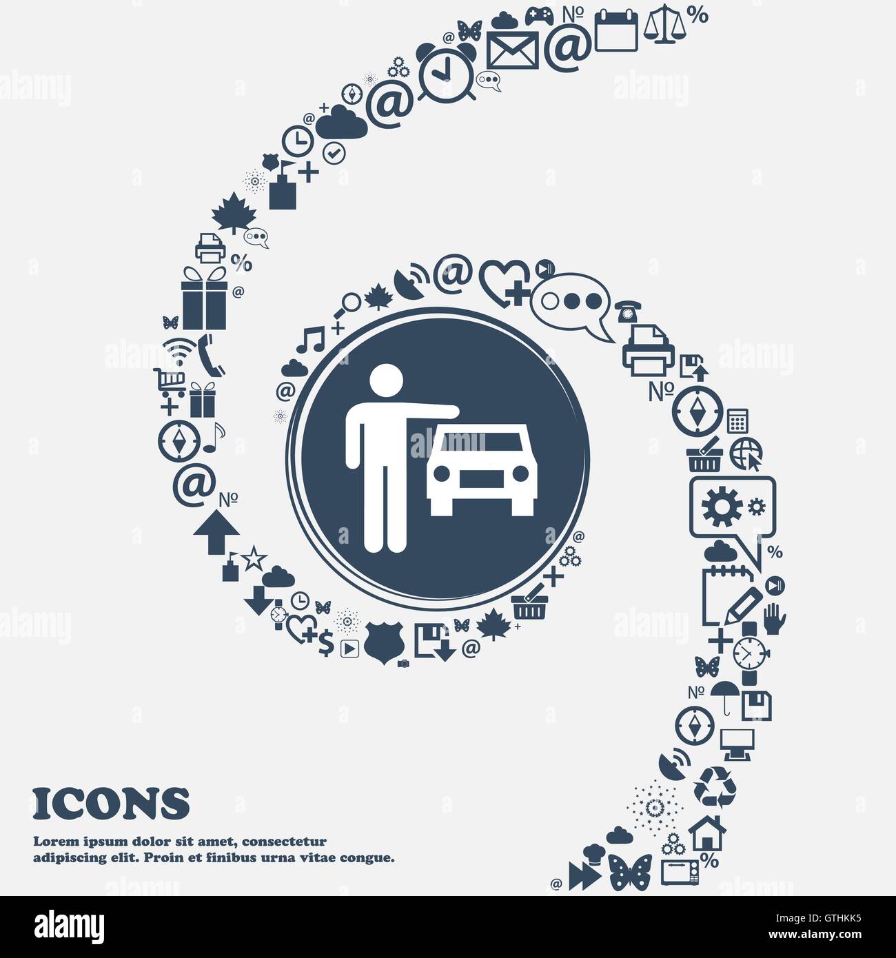 person up hailing a taxi icon in the center. Around the many beautiful ...