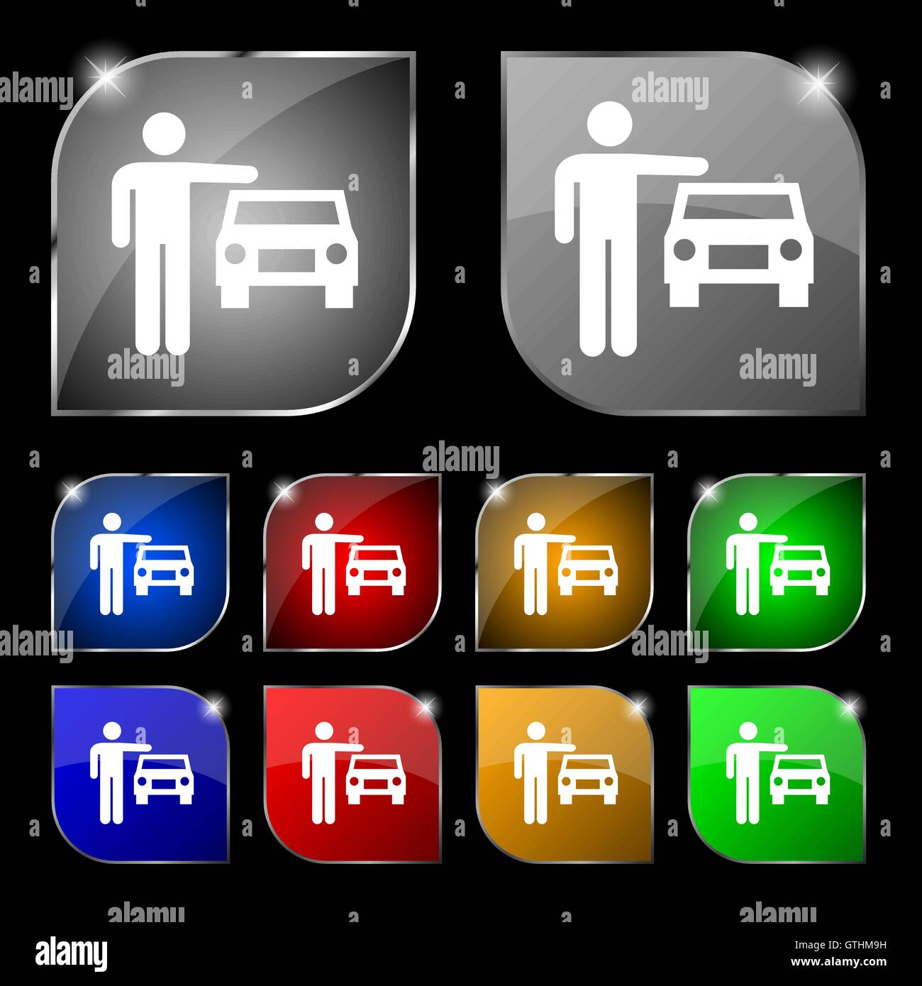 person up hailing a taxi icon sign. Set of ten colorful buttons with ...