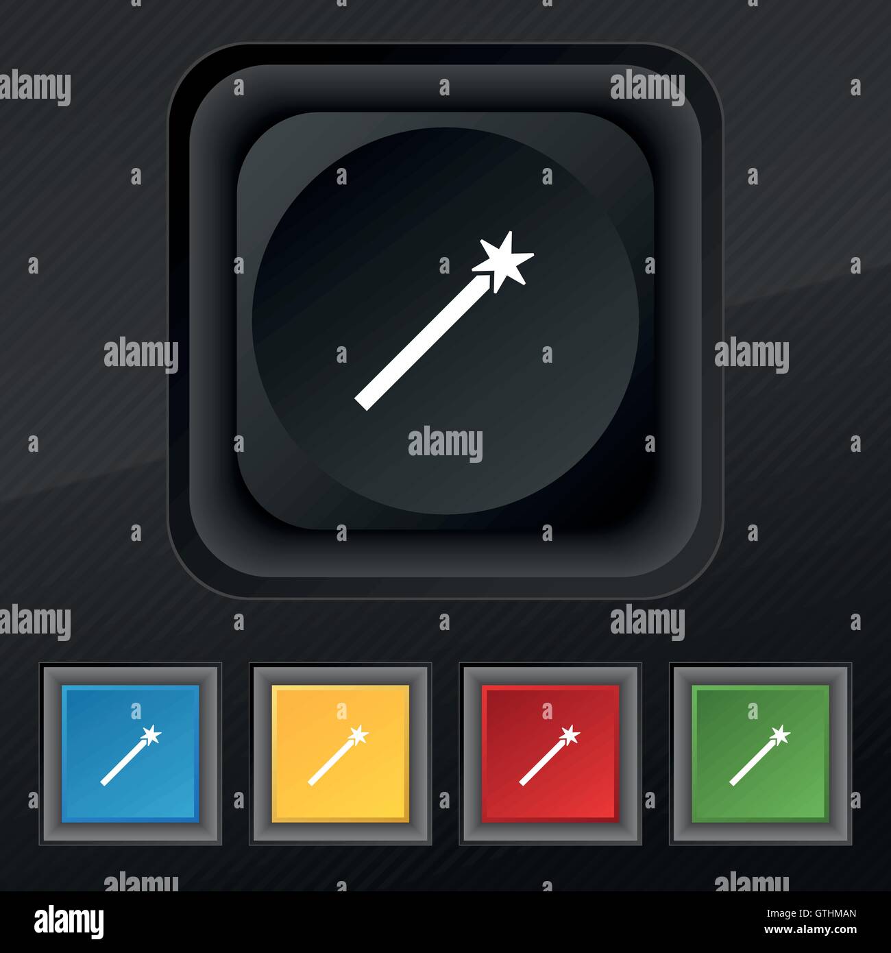 Magic Wand Icon symbol. Set of five colorful, stylish buttons on black ...