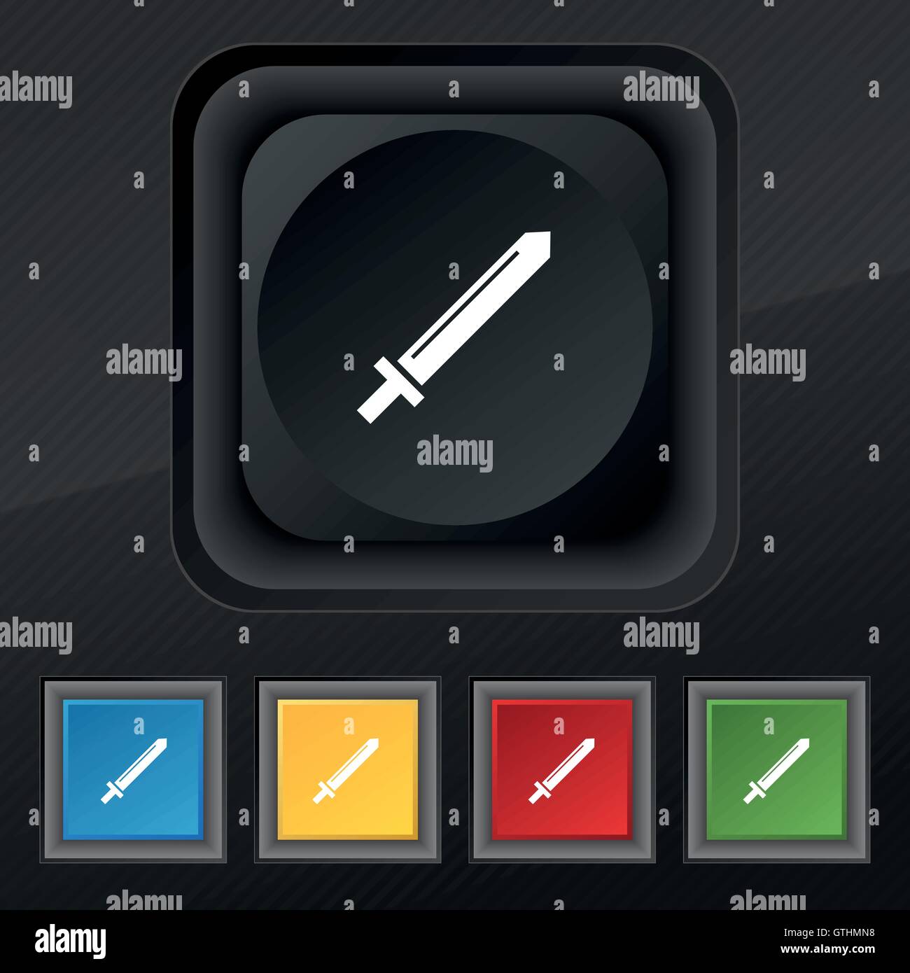 Sword icon symbol. Set of five colorful, stylish buttons on black ...