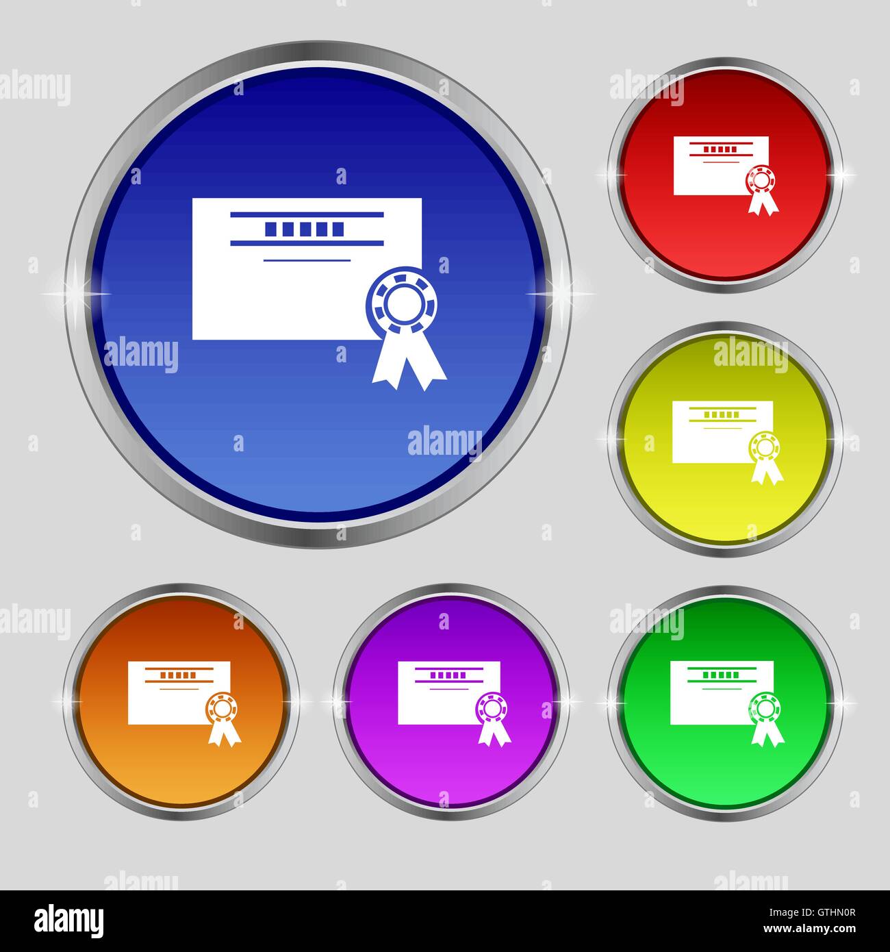certificate icon sign. Round symbol on bright colourful buttons. Vector ...