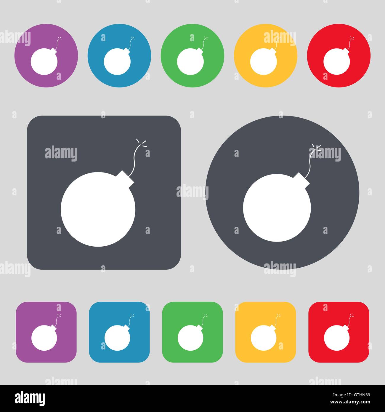 bomb icon sign. A set of 12 colored buttons. Flat design. Vector Stock ...