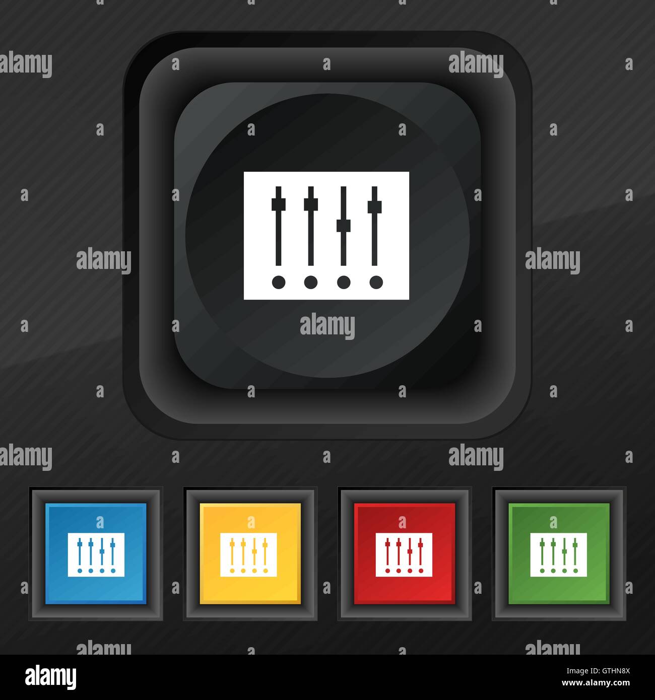 Equalizer icon symbol. Set of five colorful, stylish buttons on black ...