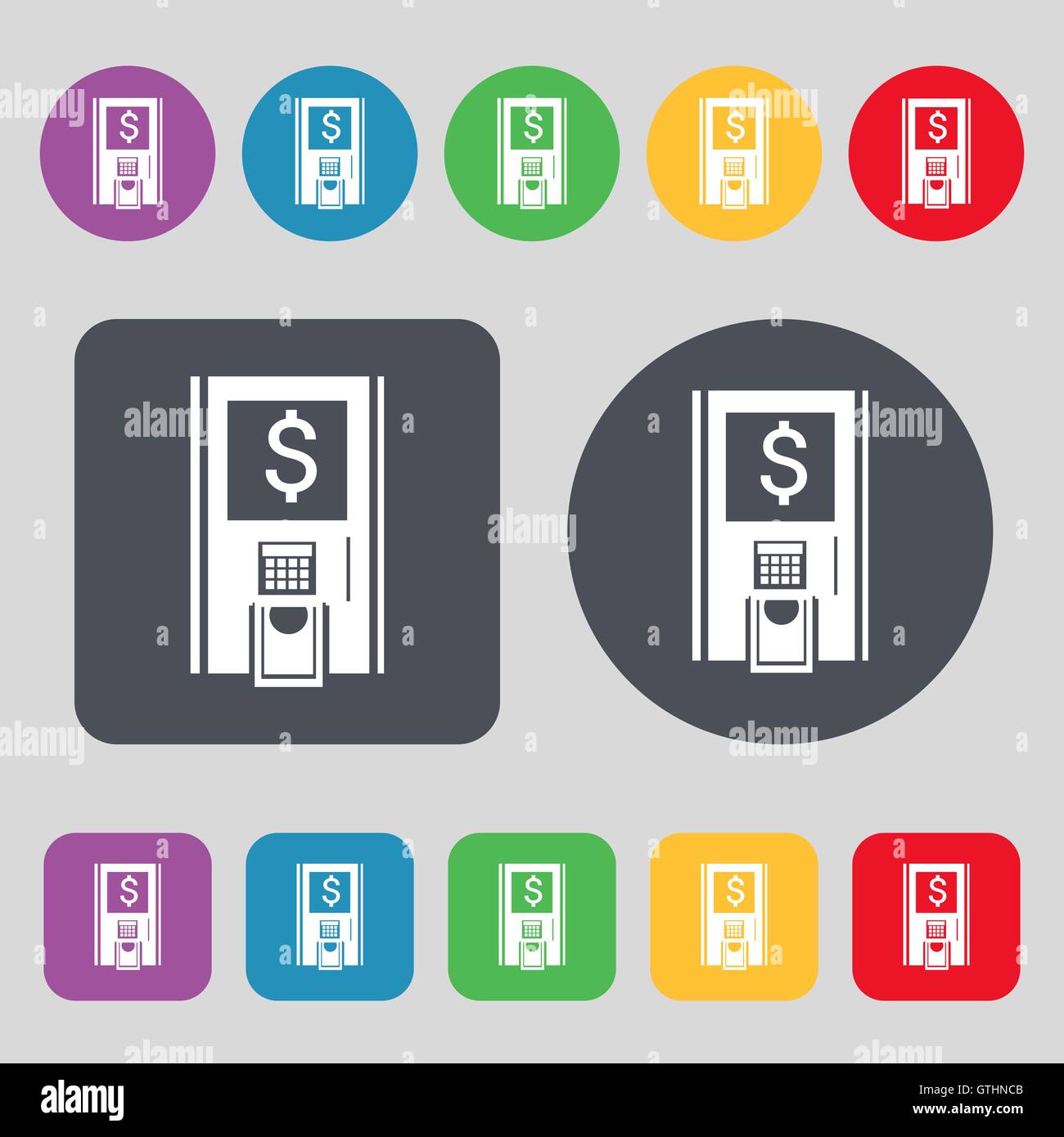 atm icon sign. A set of 12 colored buttons. Flat design. Vector Stock ...