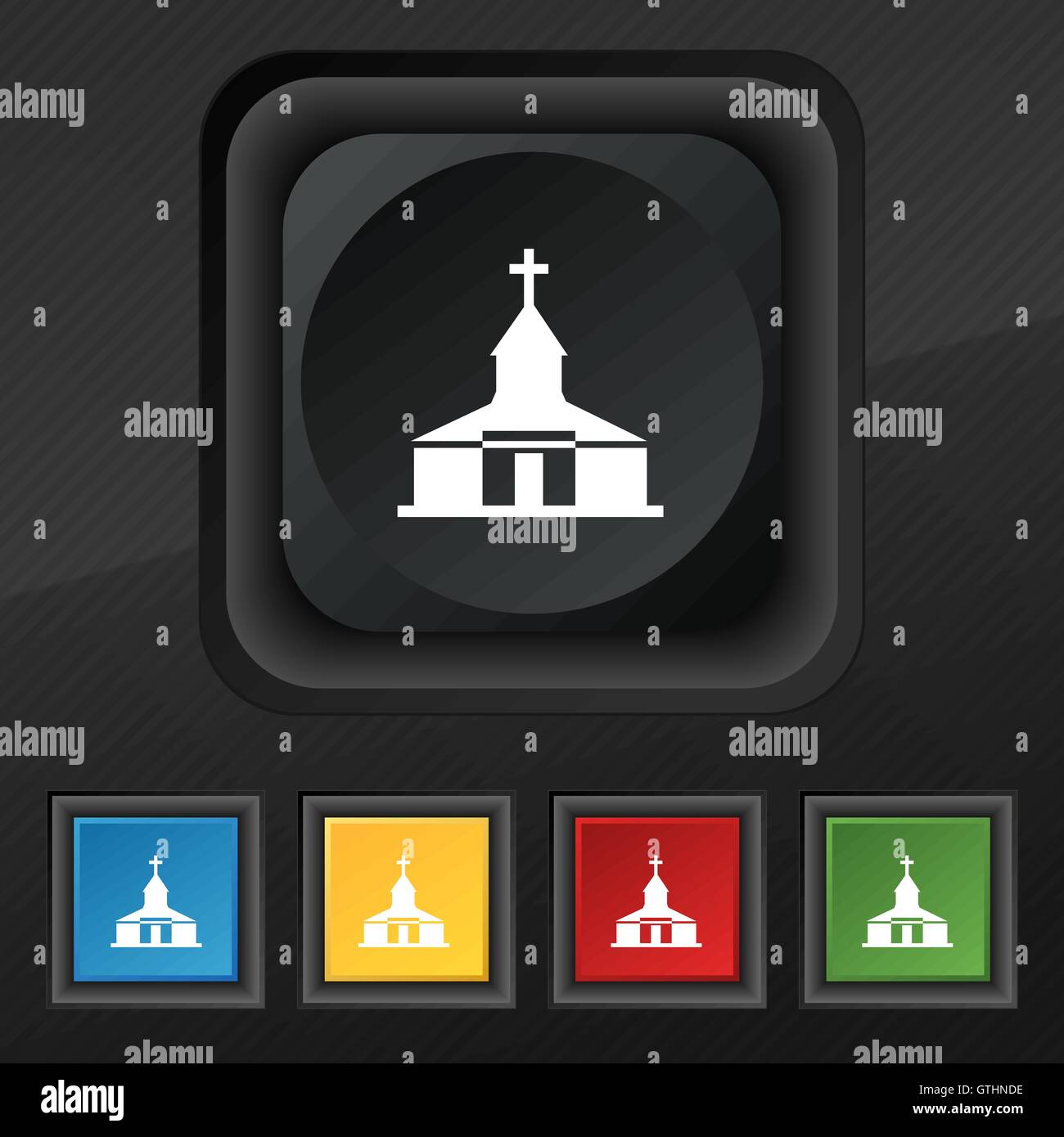 Church Icon symbol. Set of five colorful, stylish buttons on black ...