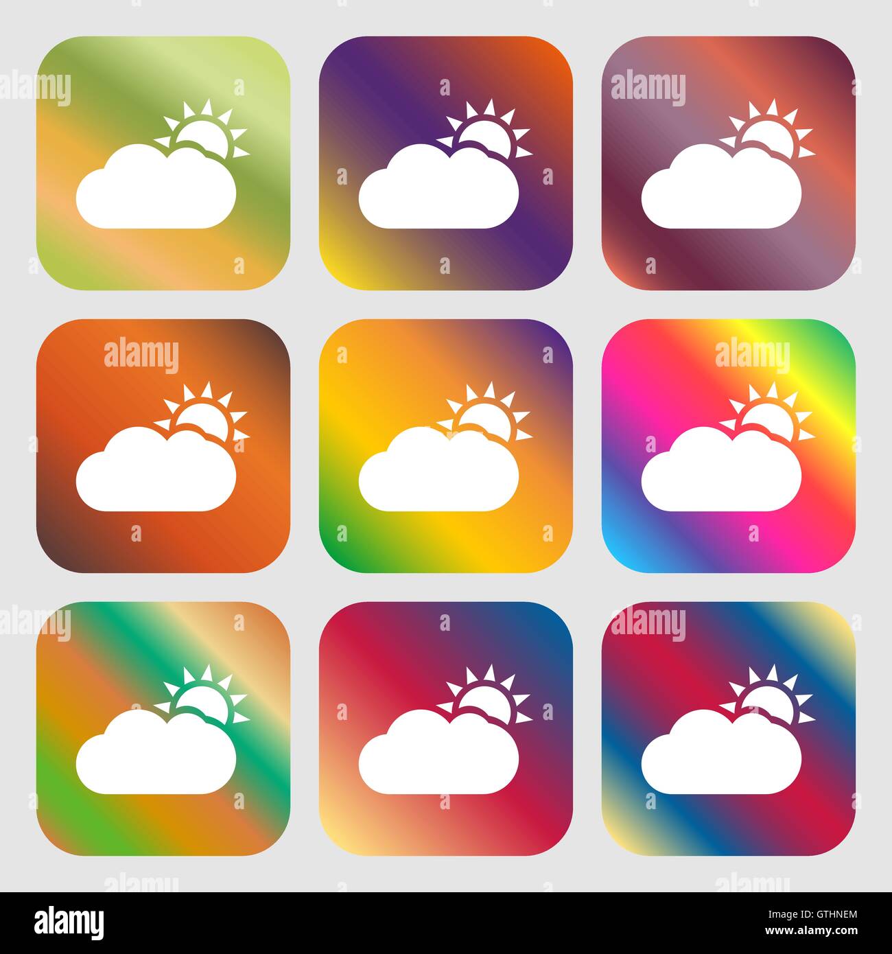 Partly Cloudy icon . Nine buttons with bright gradients for beautiful ...