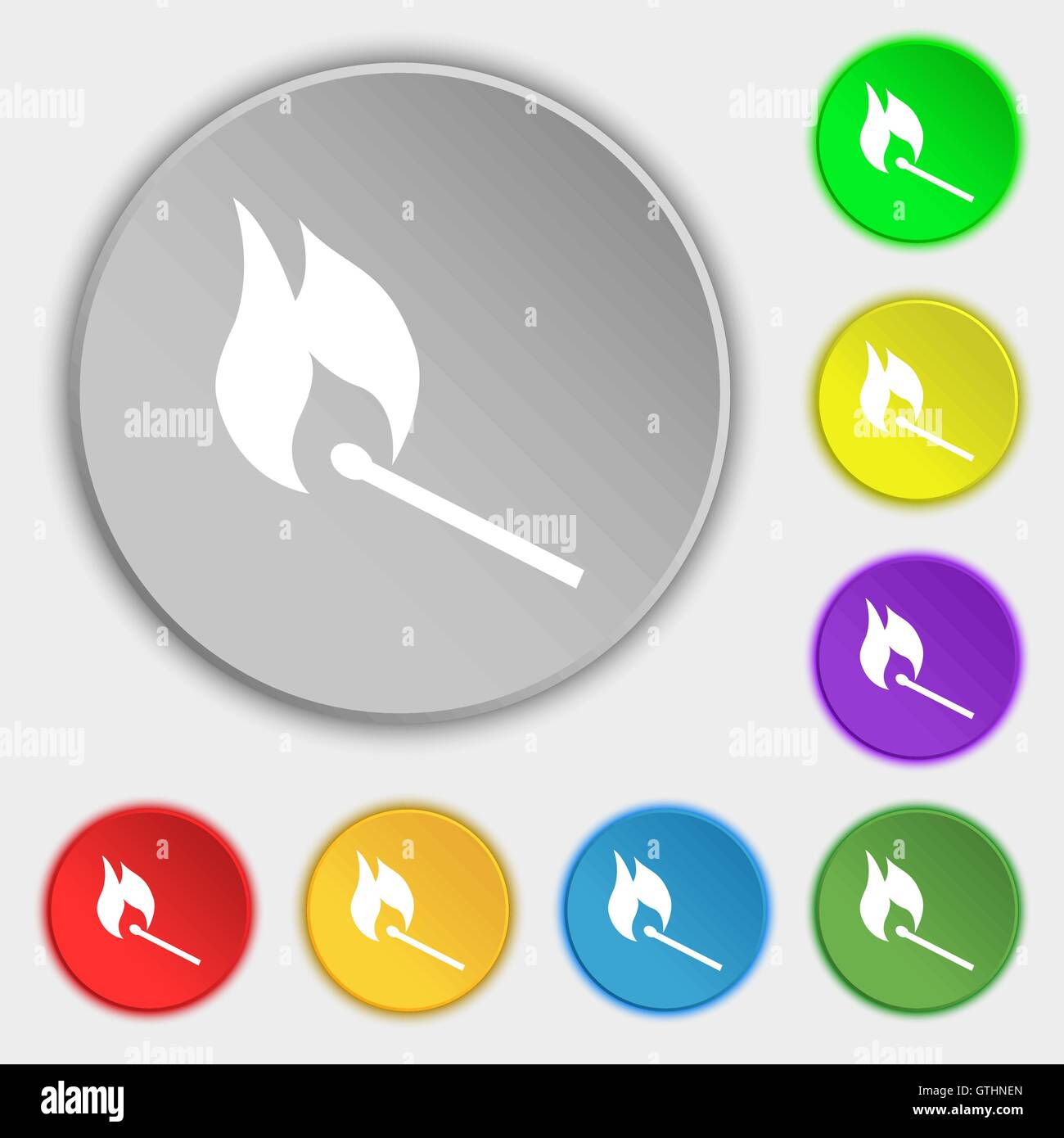 burning match icon sign. Symbol on eight flat buttons. Vector Stock ...