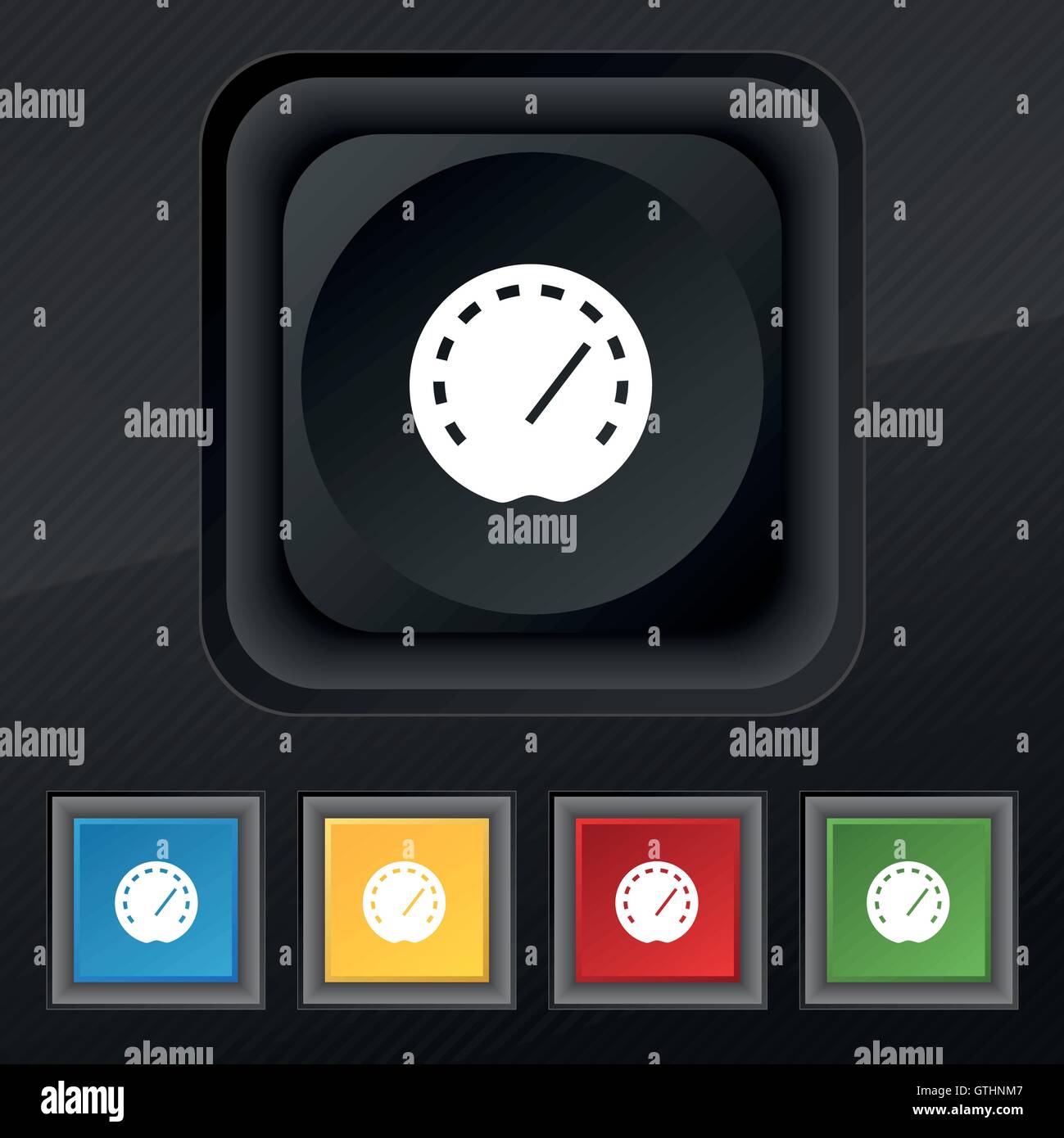 speedometer Icon symbol. Set of five colorful, stylish buttons on black ...