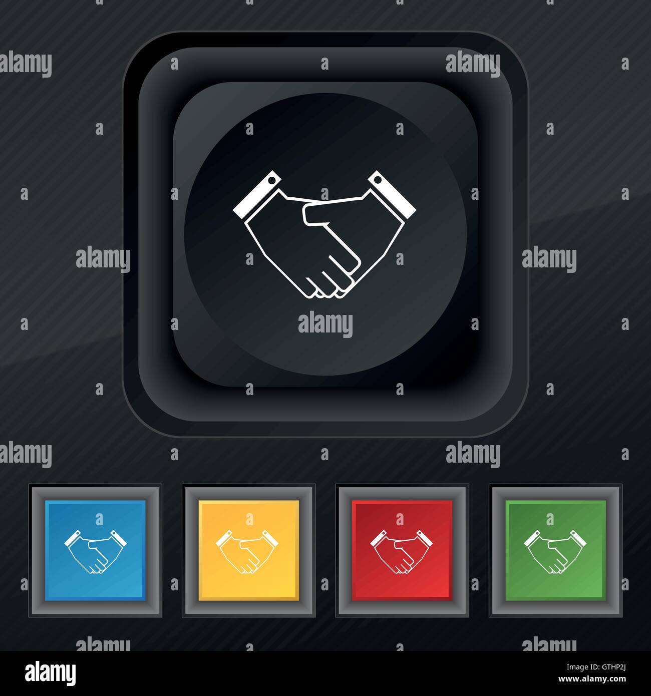 Handshake icon symbol. Set of five colorful, stylish buttons on black ...