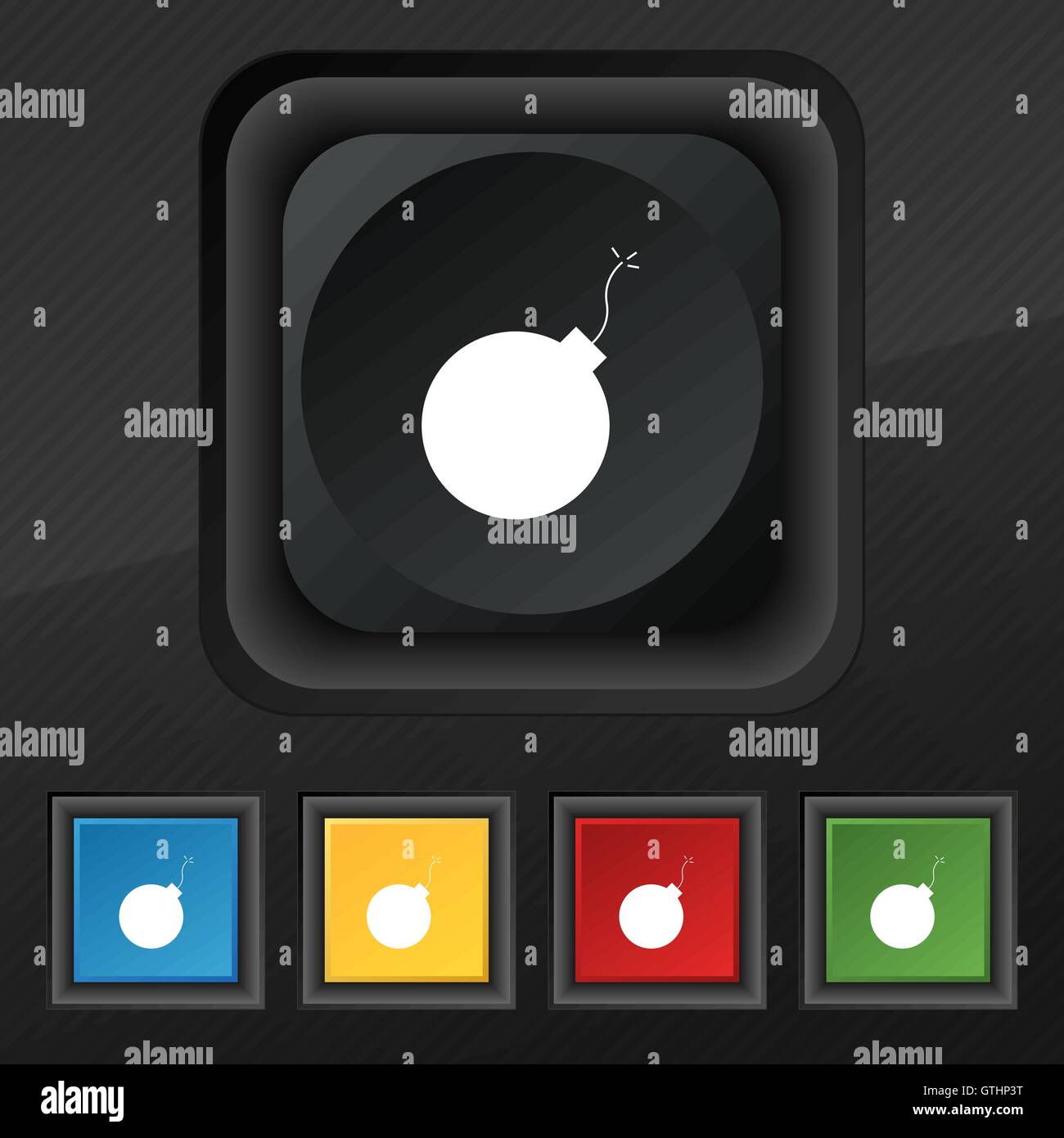 bomb icon symbol. Set of five colorful, stylish buttons on black ...