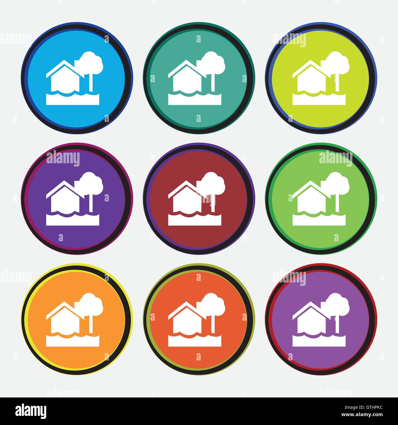 flooding home icon sign. Nine multi colored round buttons. Vector Stock ...