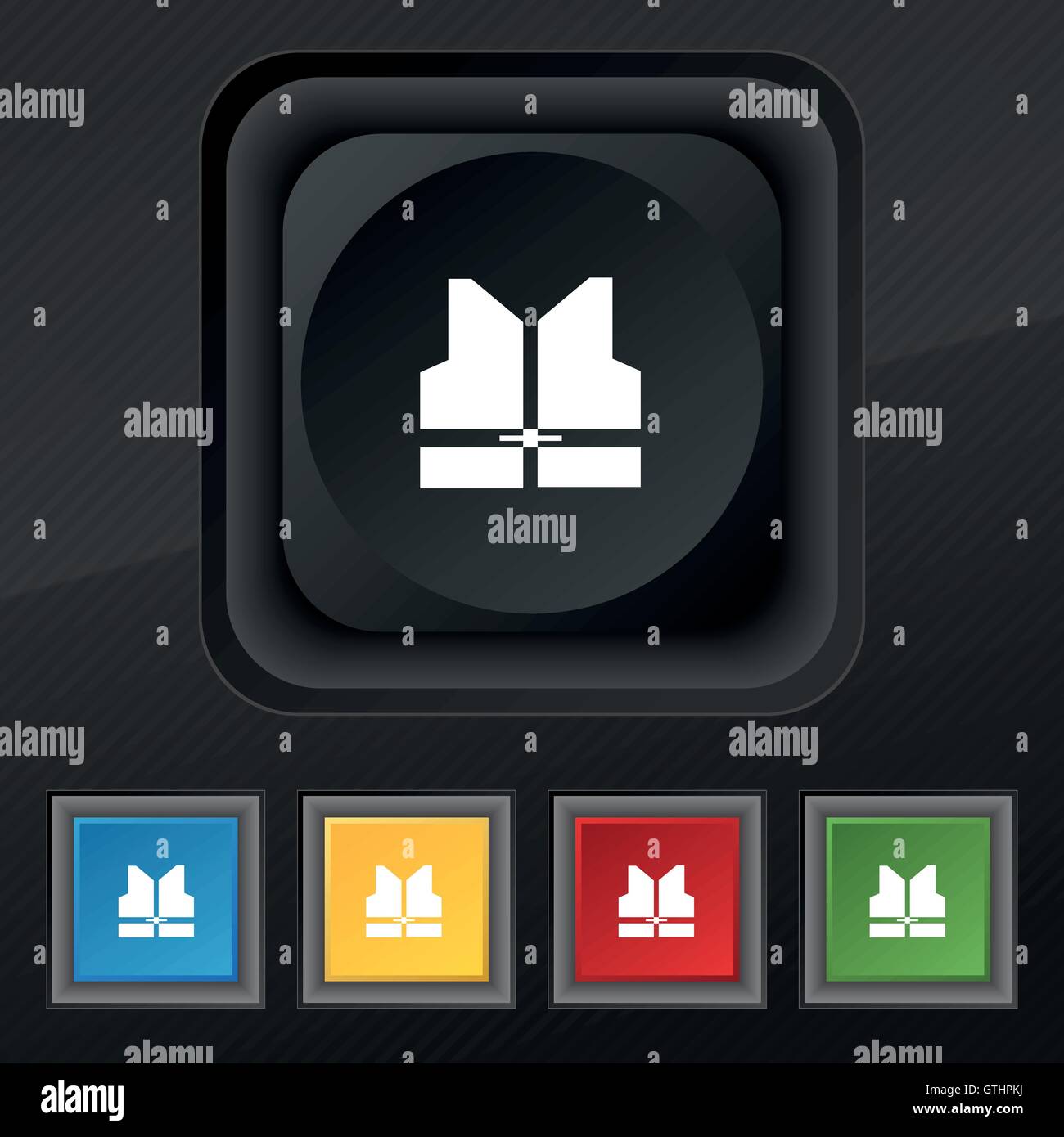 Working Vest Icon Symbol Set Of Five Colorful Stylish Buttons On Black Texture For Your Design