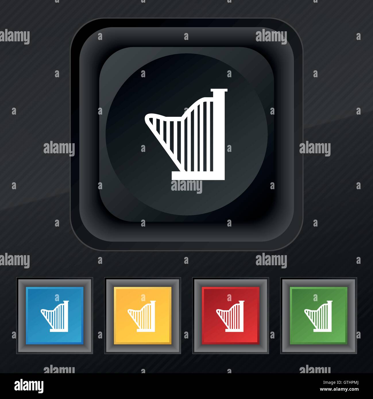 Harp icon symbol. Set of five colorful, stylish buttons on black texture for your design. Vector ...