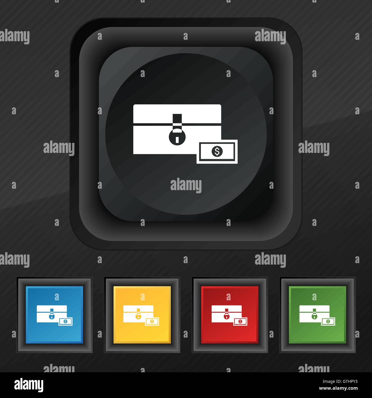 chest icon symbol. Set of five colorful, stylish buttons on black ...