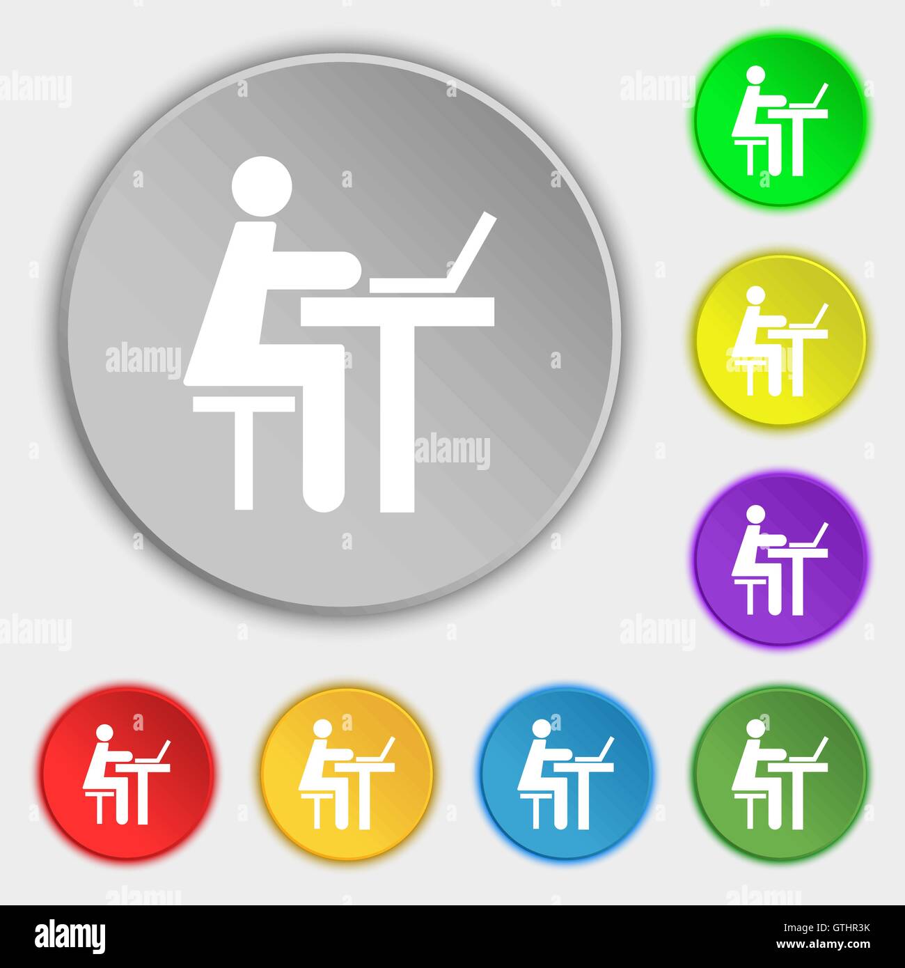 Businessman working on computer icon sign. Symbol on eight flat buttons ...