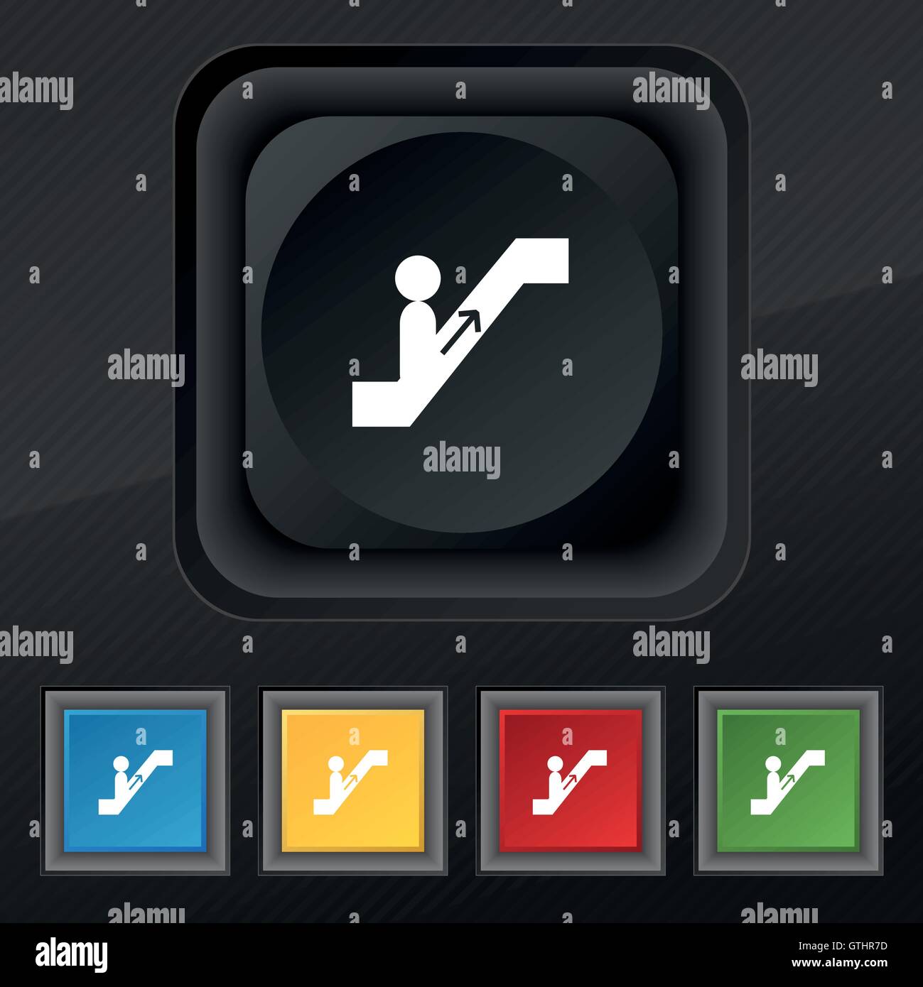 escalator icon symbol. Set of five colorful, stylish buttons on black ...