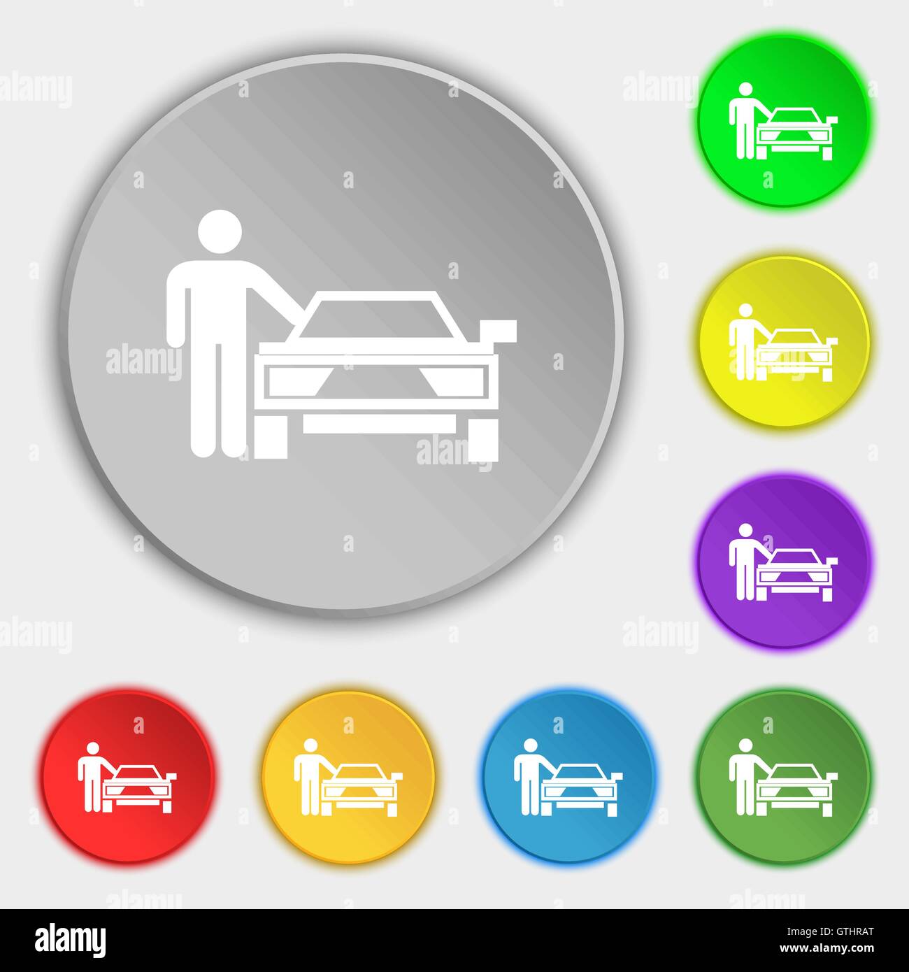 person up hailing a taxi icon sign. Symbol on eight flat buttons ...