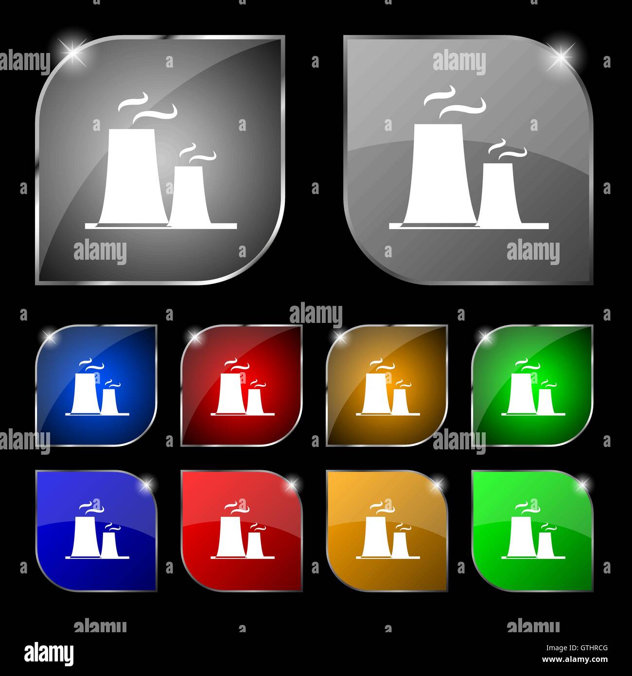 atomic power station icon sign. Set of ten colorful buttons with glare ...