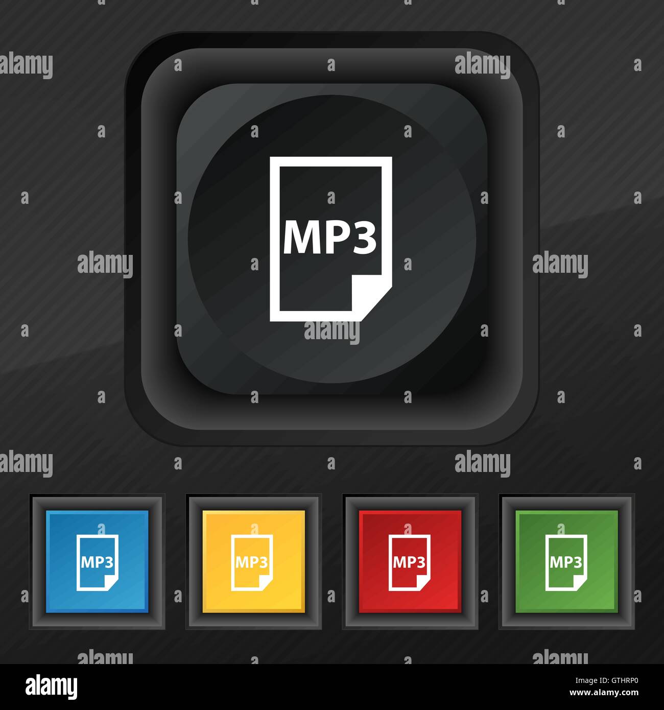 mp3 icon symbol. Set of five colorful, stylish buttons on black texture ...