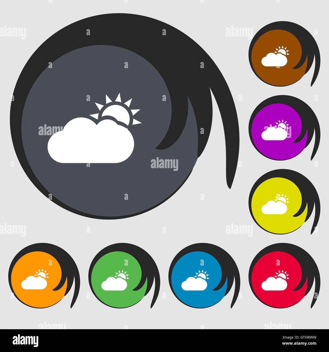 Partly Cloudy icon sign. Symbols on eight colored buttons. Vector Stock ...